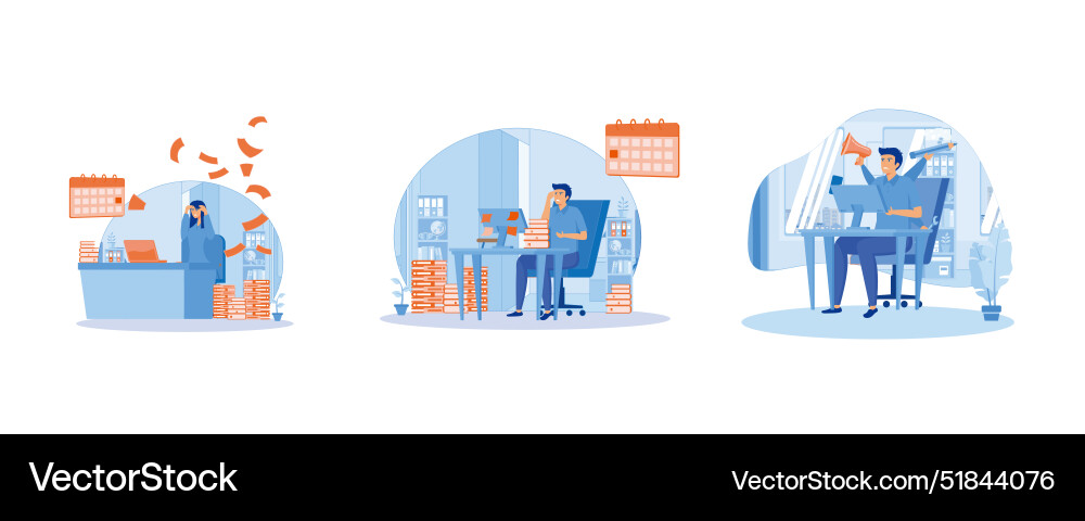 Manager sitting at computer desk with stack Vector Image