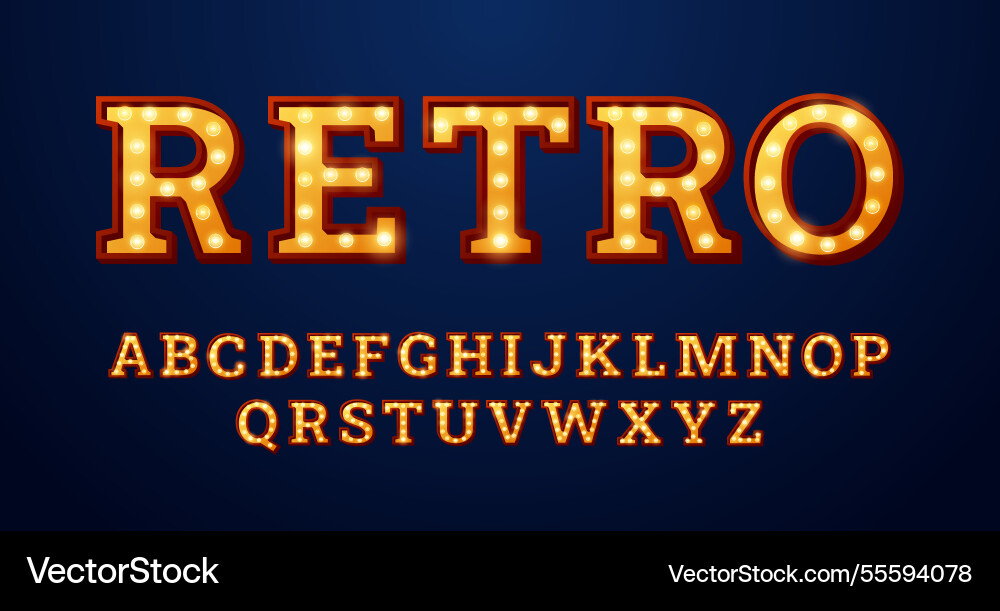Retro alphabet with glowing bulbs Royalty Free Vector Image