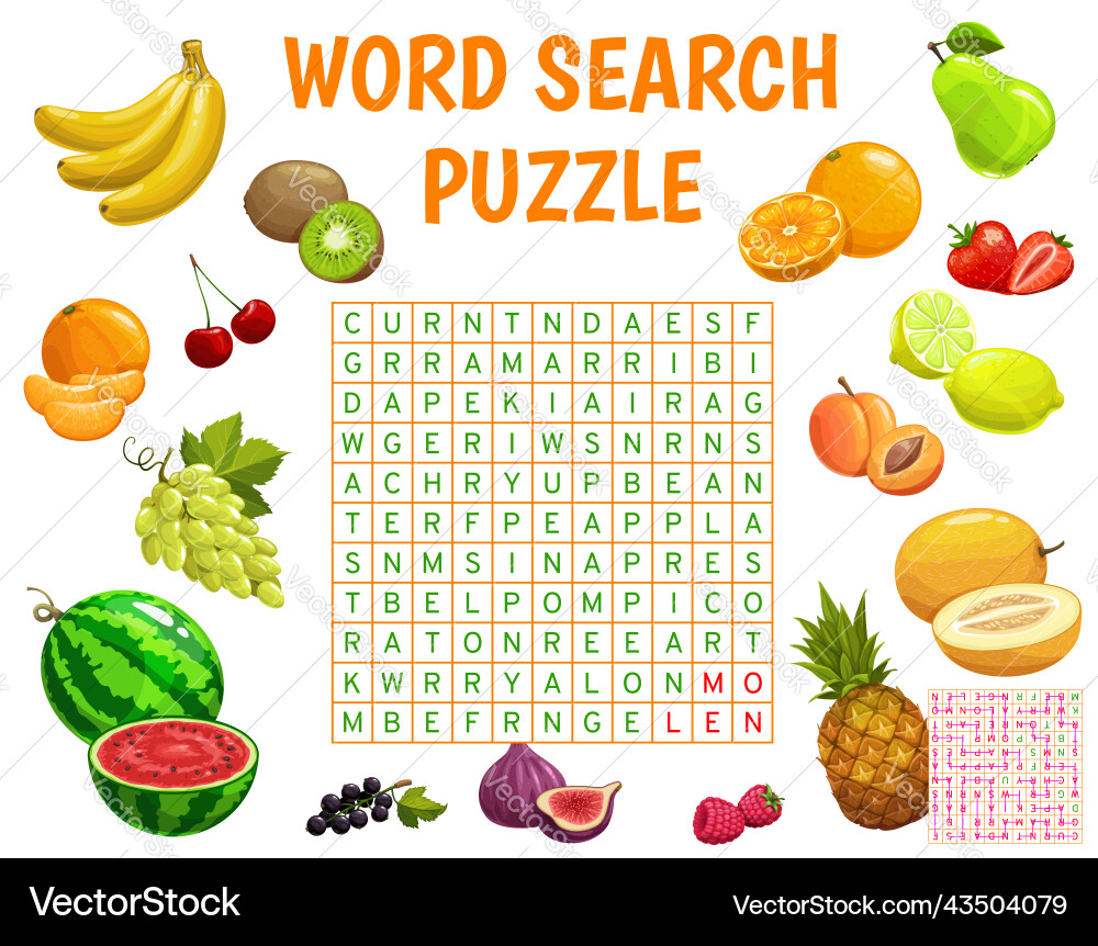 Raw farm fruits berries word search puzzle game Vector Image