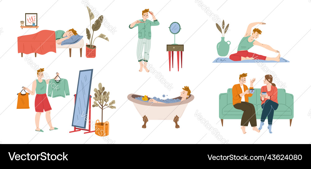 Everyday life routine of man flat character set Vector Image
