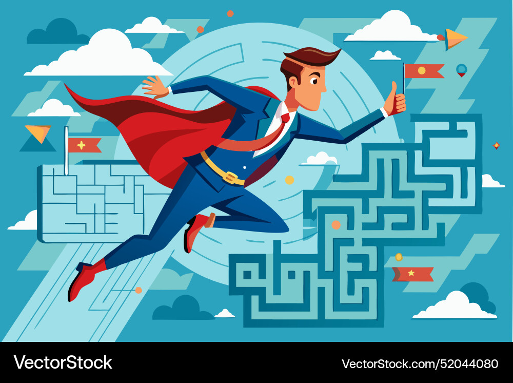 Superhero businessman navigating maze puzzle Vector Image