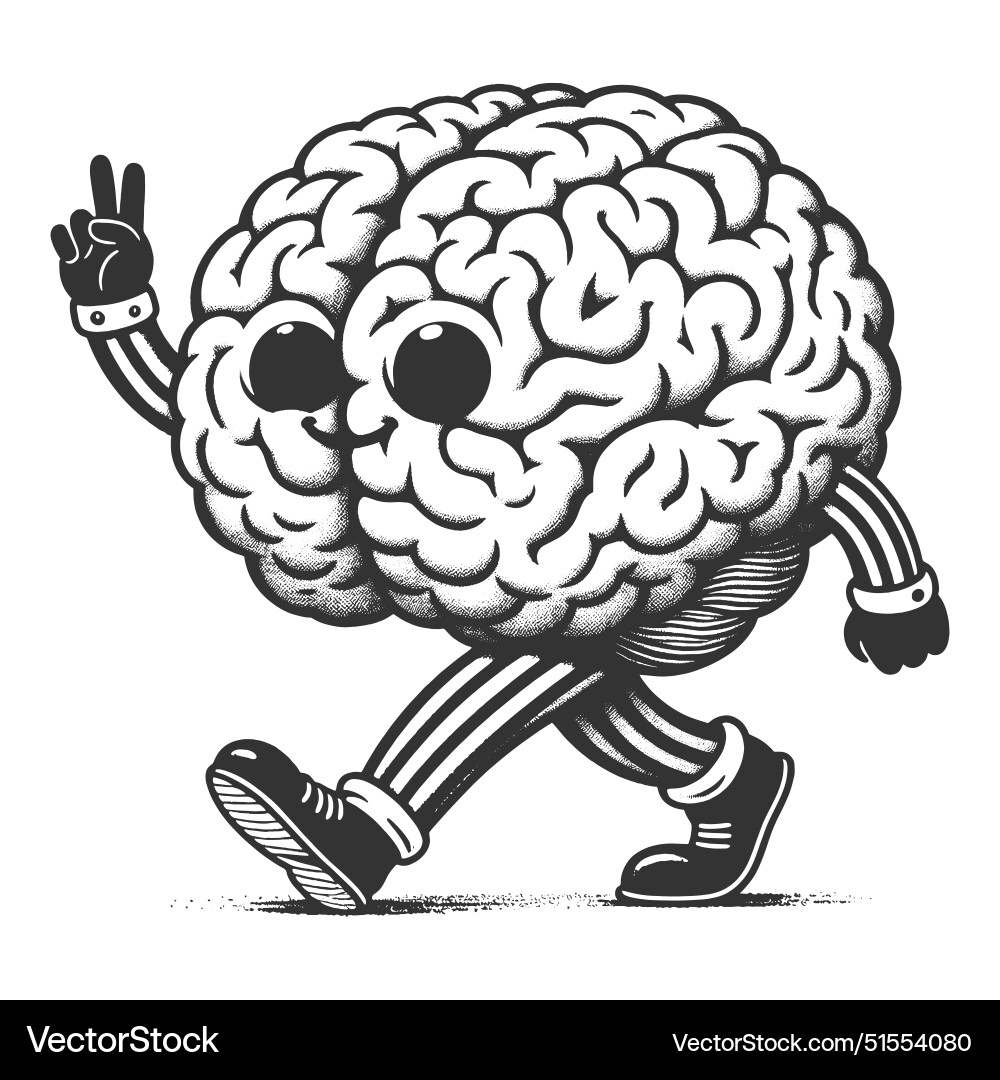Walking brain character in striped suit Royalty Free Vector