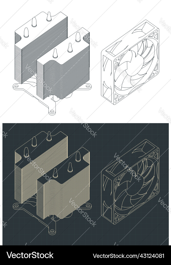 Disassembled cpu cooler isometric blueprints Vector Image