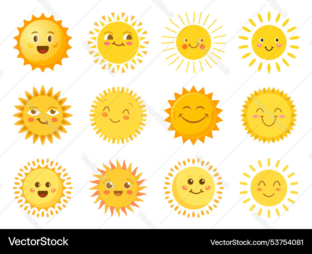 Funny sun with face icon set in flat style summer Vector Image