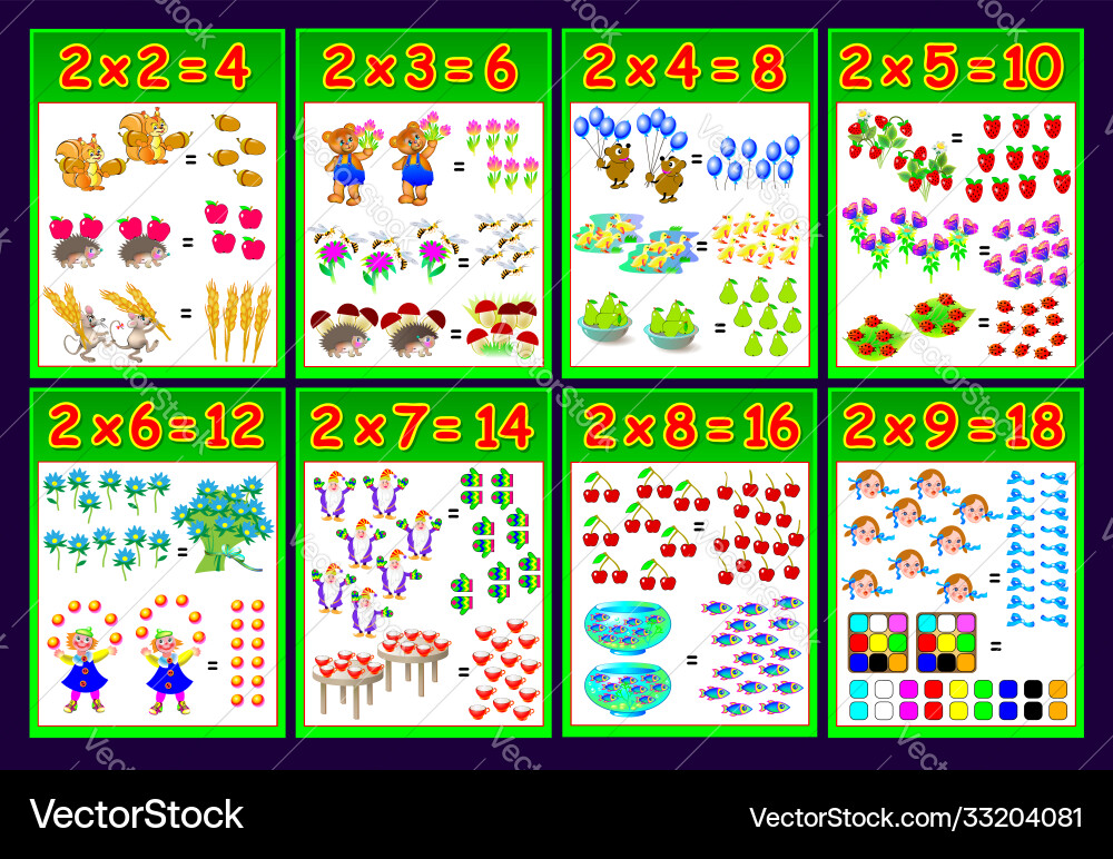 Multiplication table 2 for kids set Royalty Free Vector