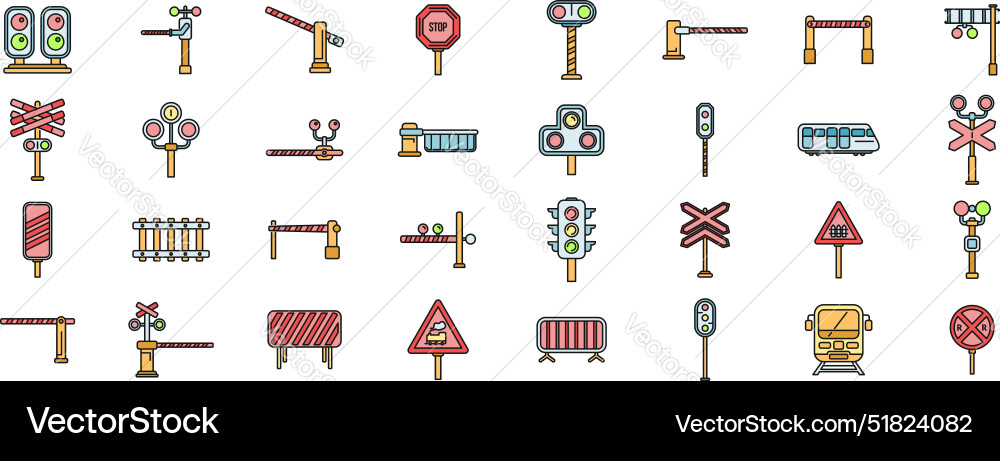 Railway crossing icons set color line Royalty Free Vector