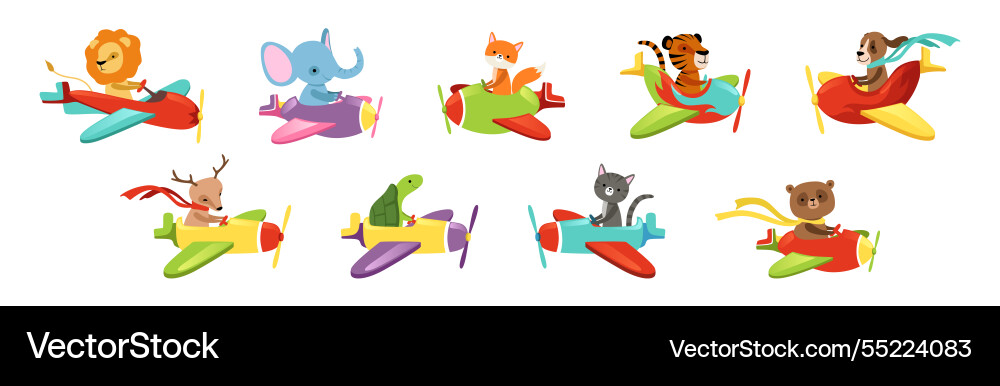 Cute animal fly plane and aircraft set Royalty Free Vector