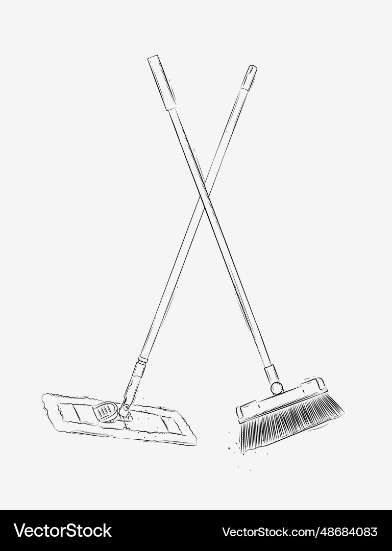 Flat mop and broom drawing in graphic style Vector Image