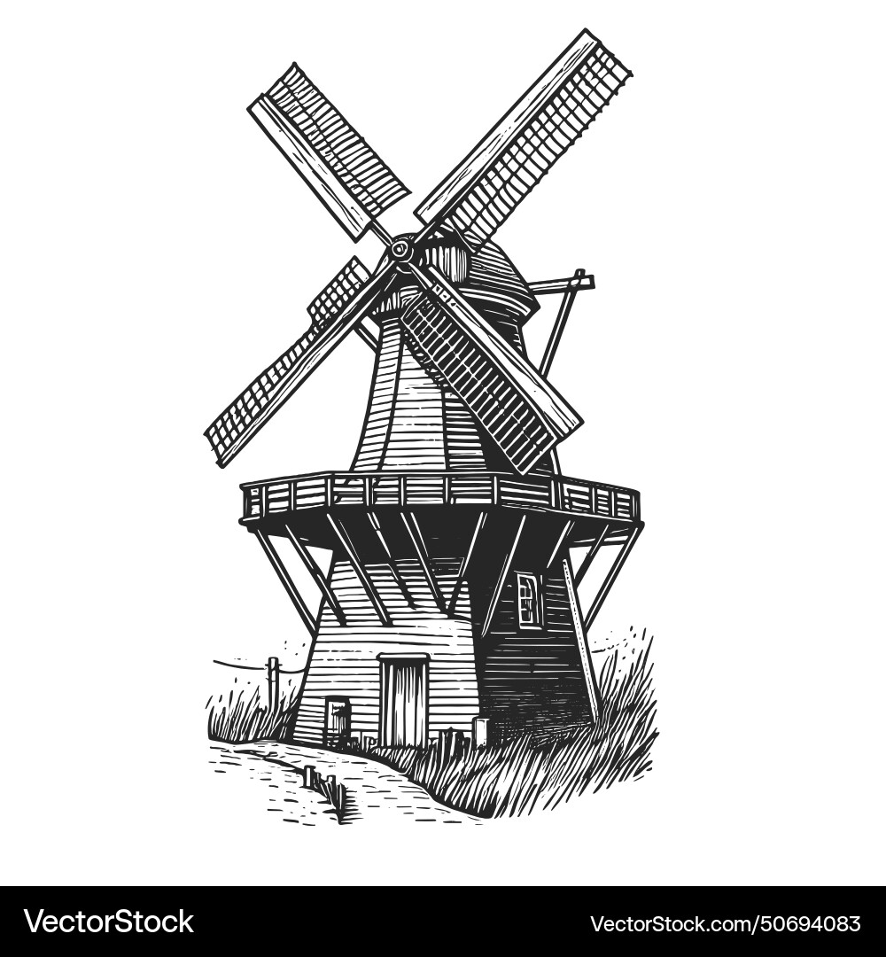 Traditional windmill engraved Royalty Free Vector Image