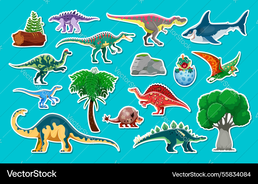 Prehistoric dinosaurs stickers dino animals egg Vector Image