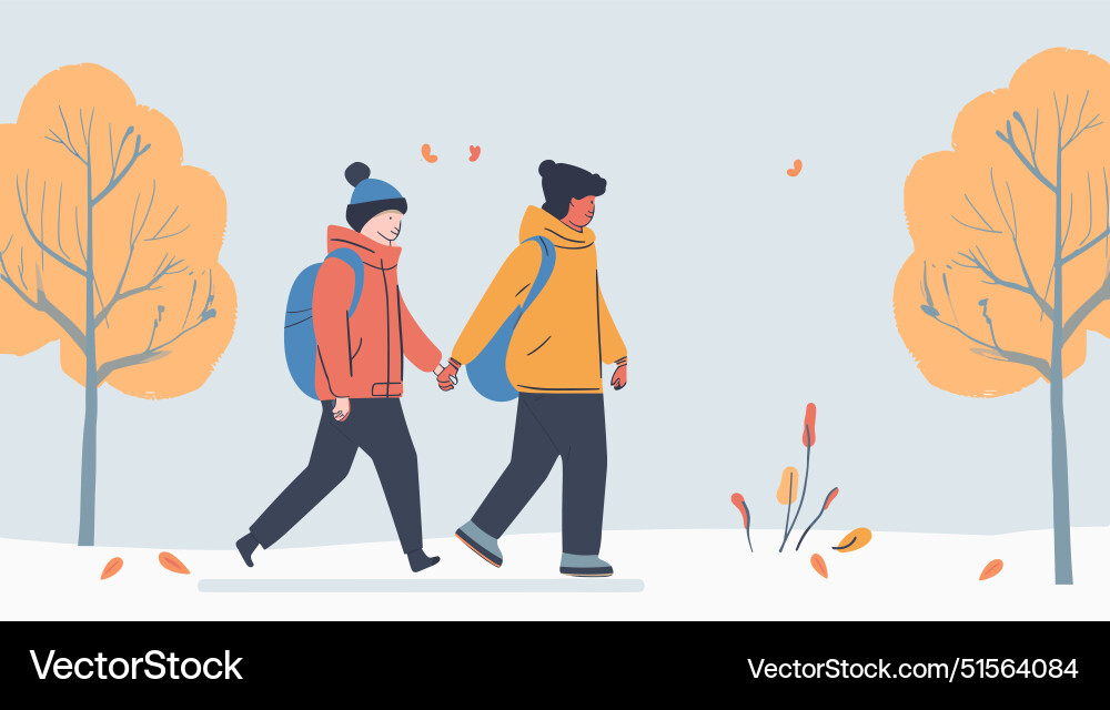 Two people walking together through snowy park Vector Image