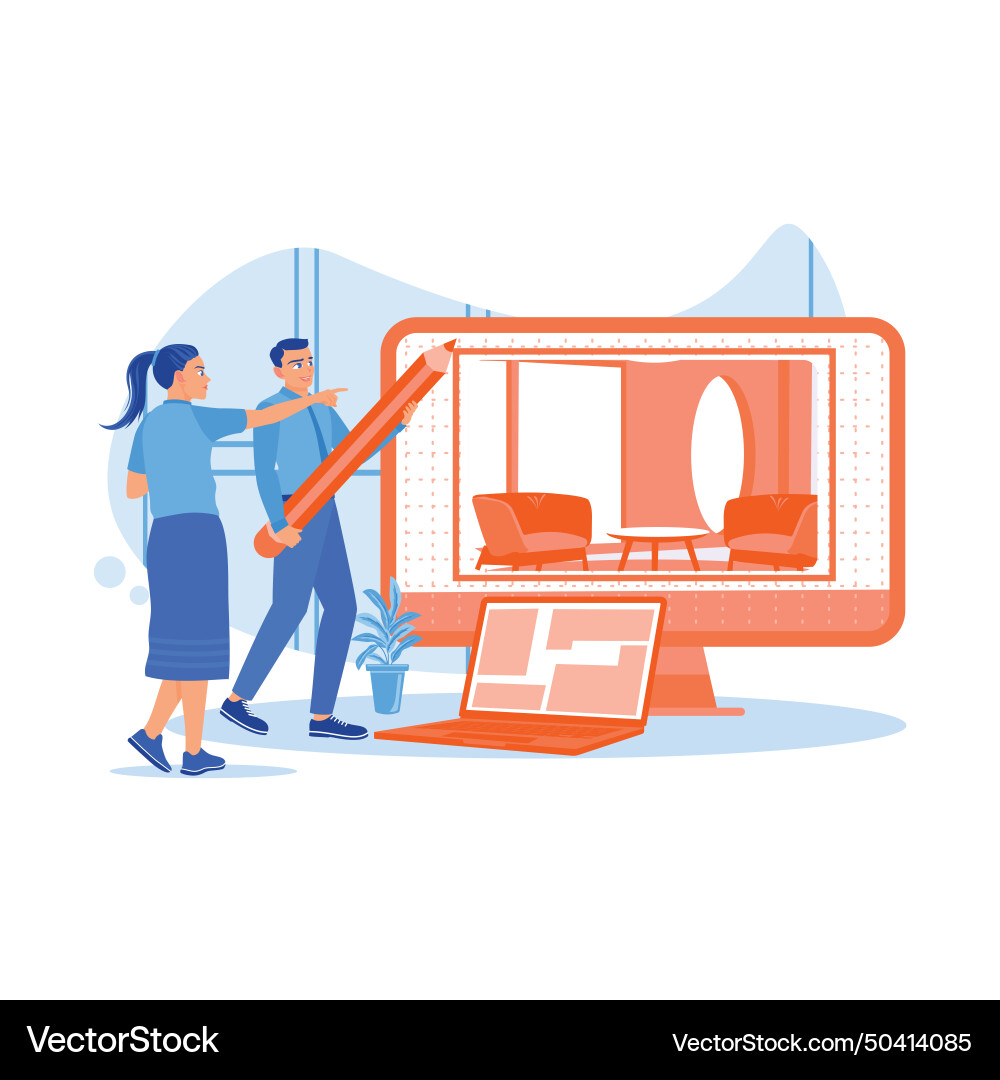 Two employees create office interior designs Vector Image