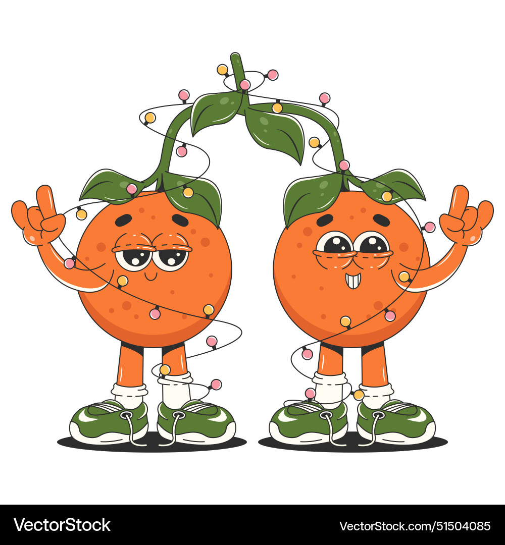 Two tangerines on a branch cartoon character Vector Image
