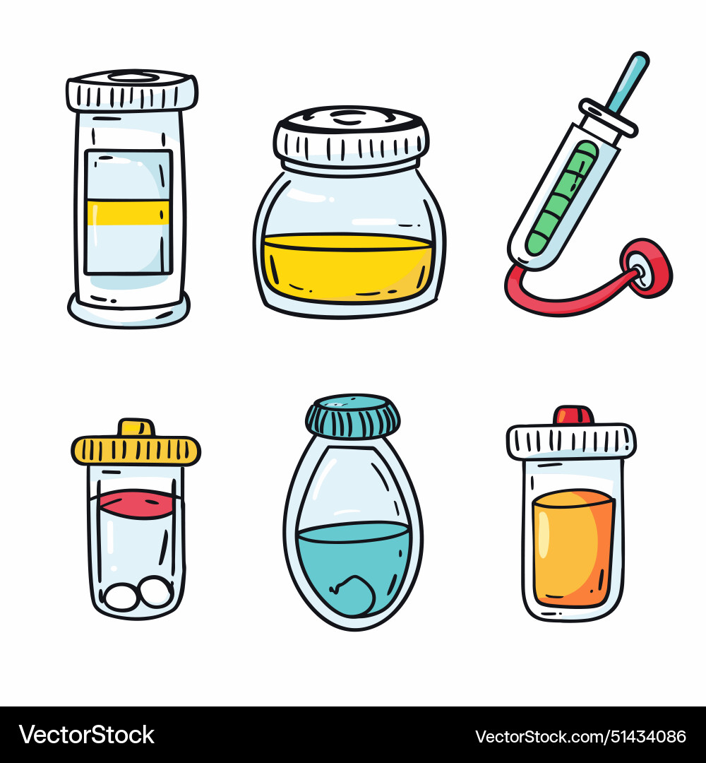 Handdrawn medication containers syringe doodles Vector Image
