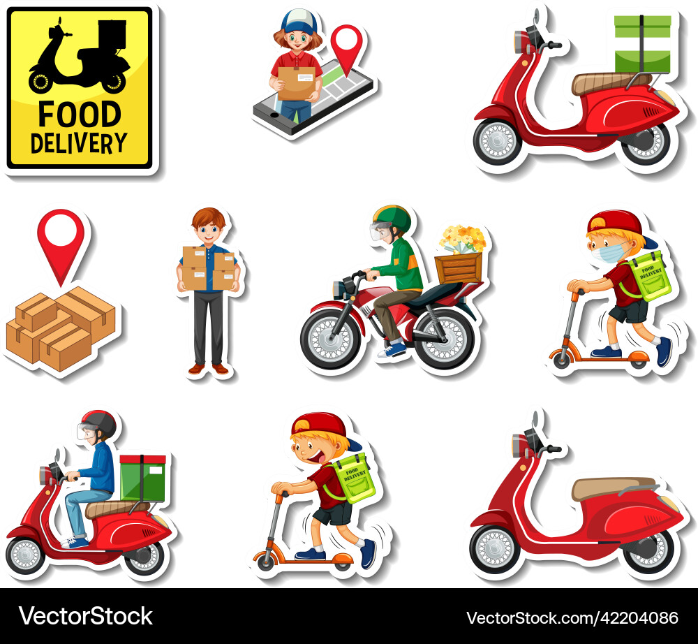 Sticker set of delivery objects and cartoon Vector Image