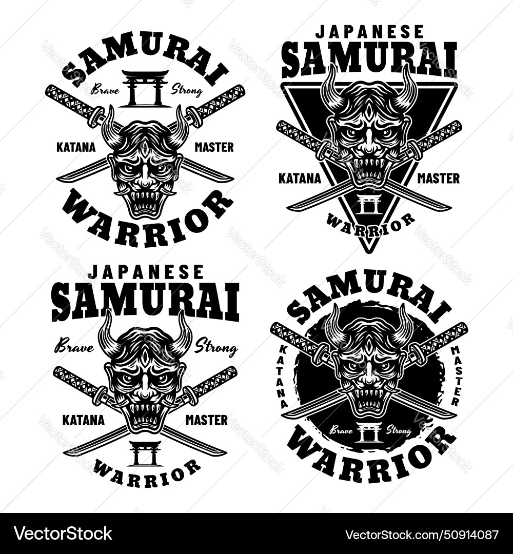 Samurai set of monochrome emblems badges Vector Image