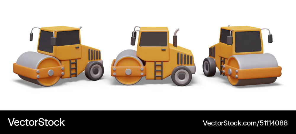 3d road roller in different positions heavy Vector Image