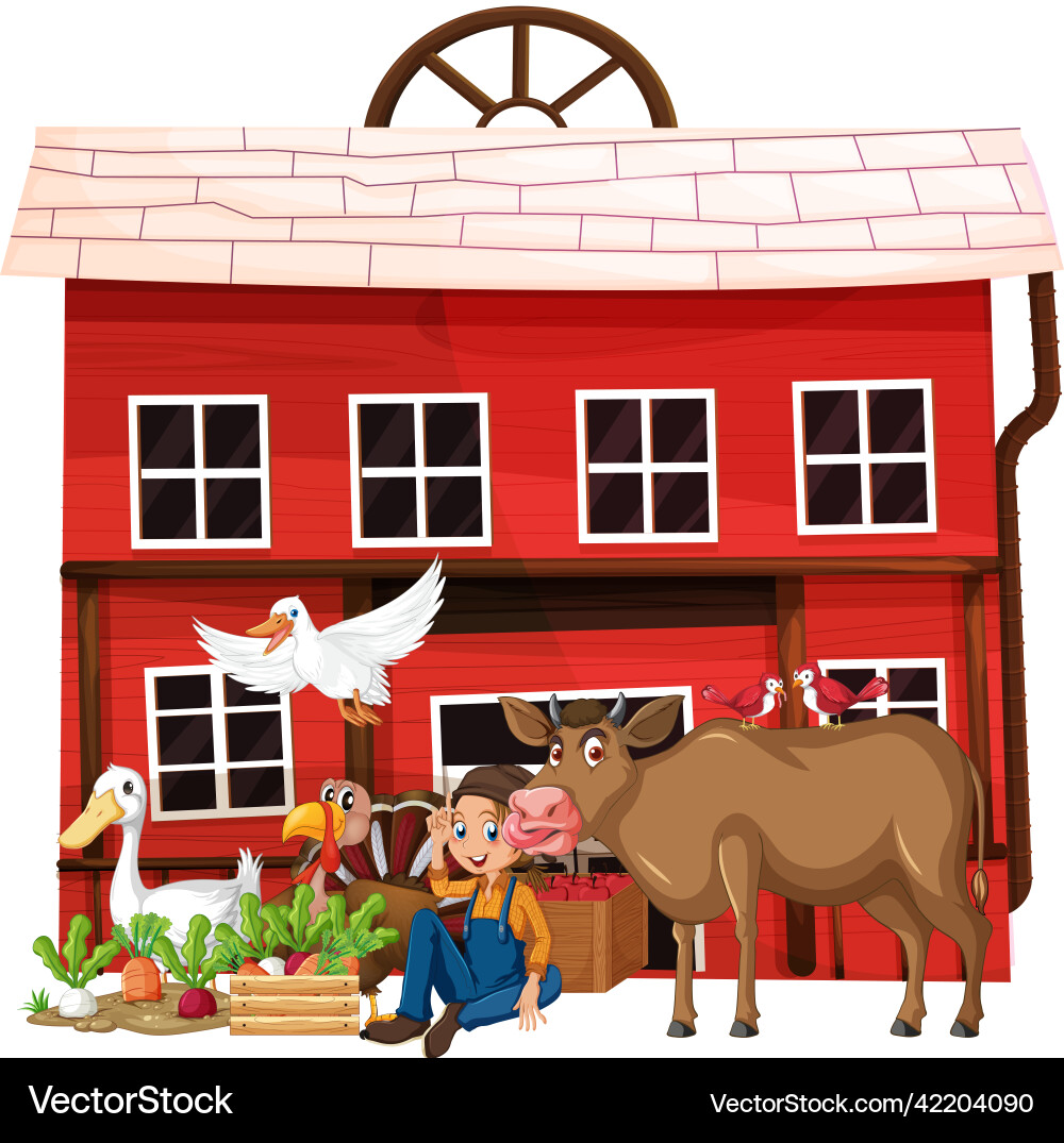 Farming theme with farmer and animals Royalty Free Vector