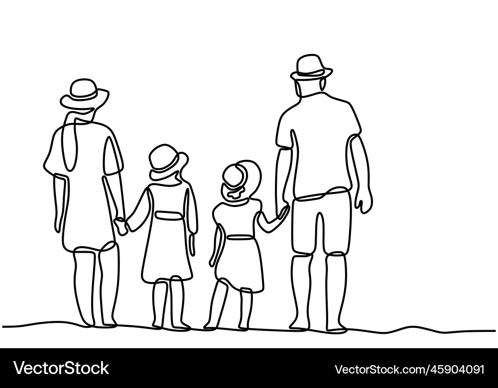 Continuous line parents walking with two children Vector Image