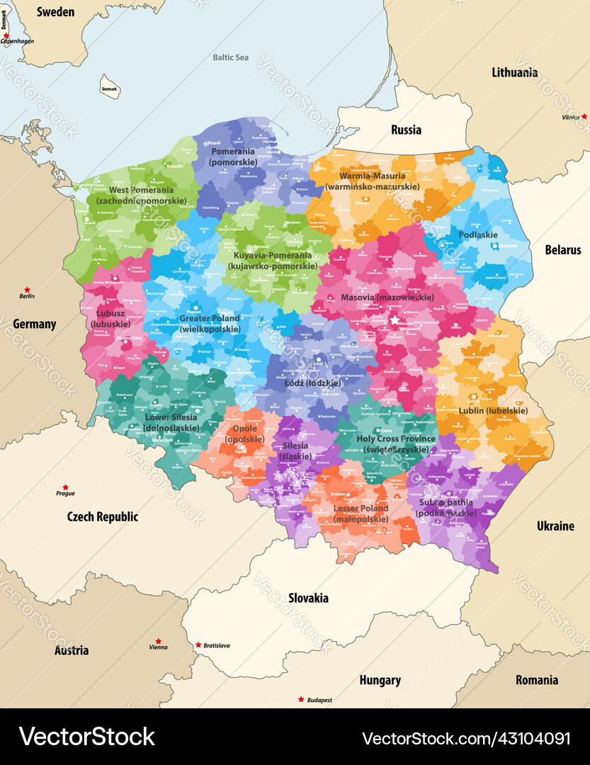 Map of poland administrative divisions colored Vector Image