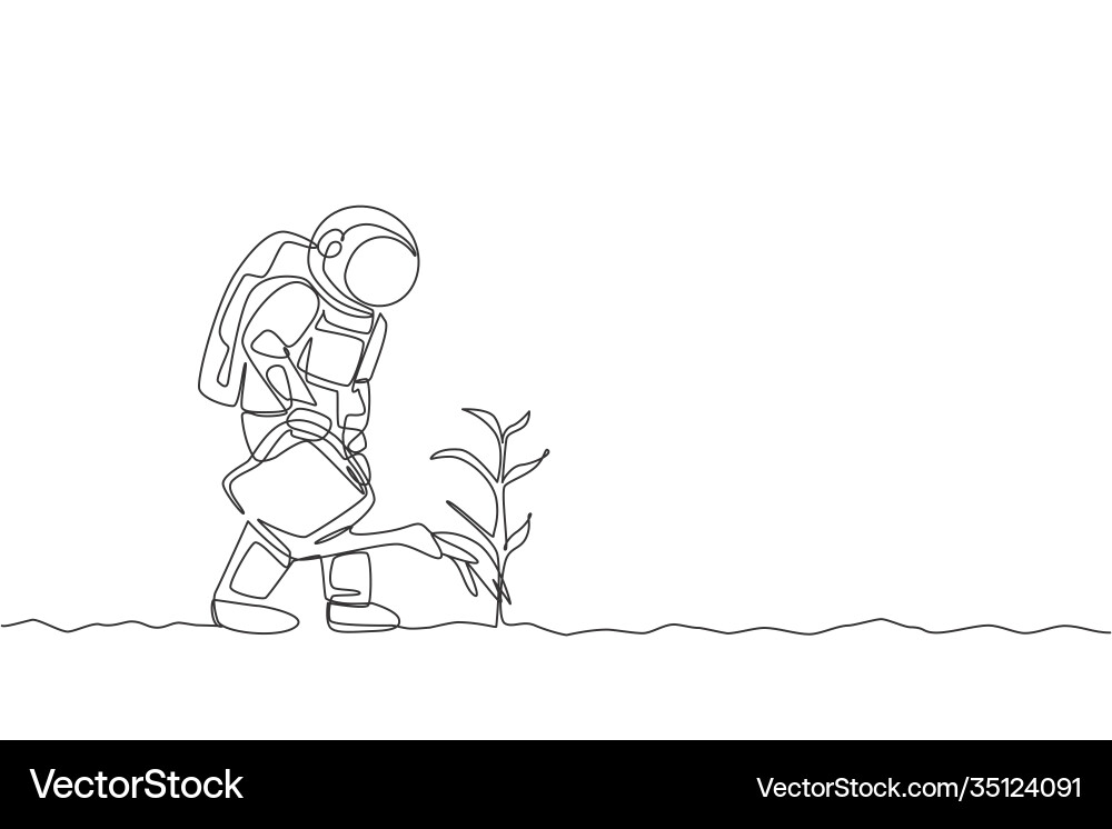 Single continuous line drawing cosmonaut watering Vector Image