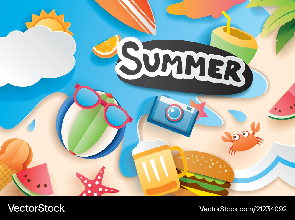 Hello summer with paper cut symbol icon Royalty Free Vector