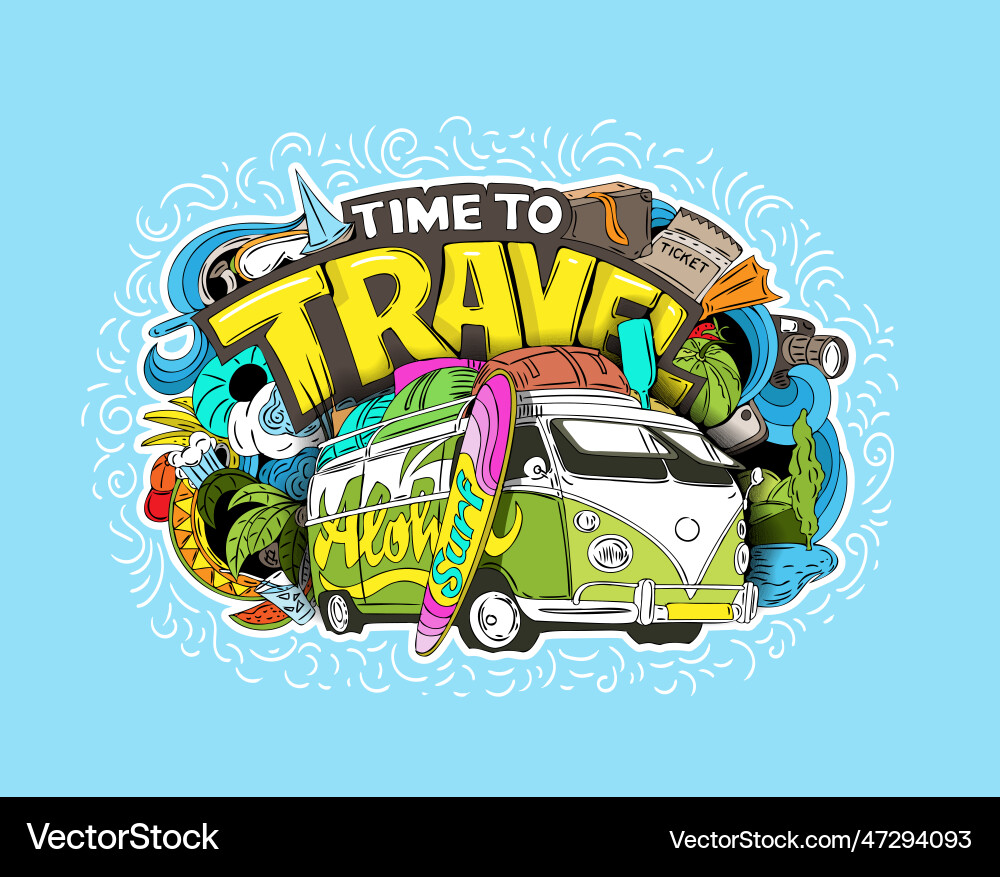Time to travel cartoon image with old van Vector Image