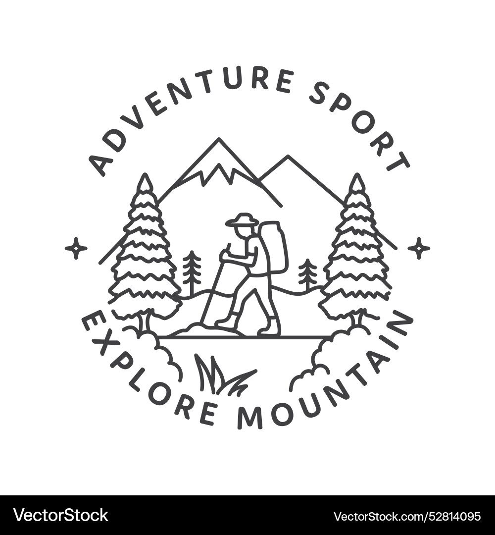 Hiking line art with mountains trees and backpack Vector Image
