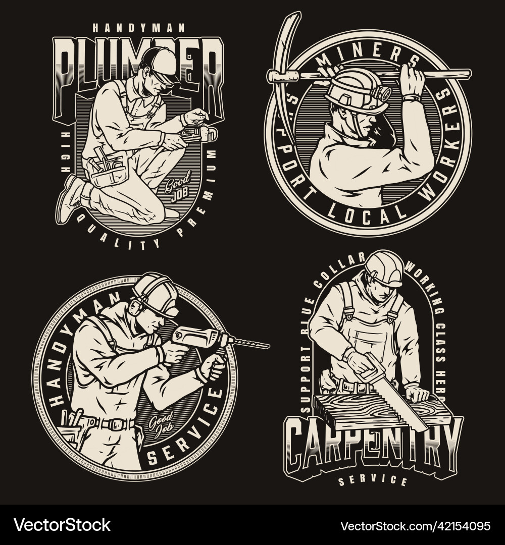 Men with work tools emblems set Royalty Free Vector Image