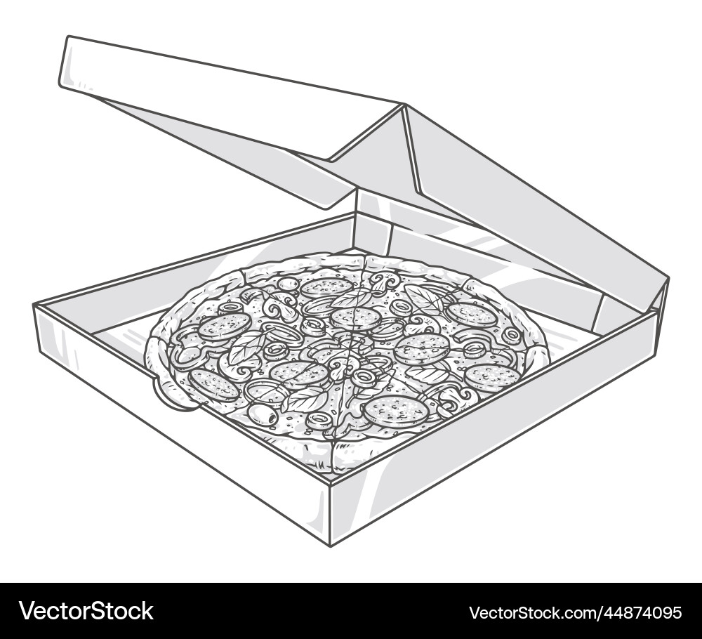 Pizza box monochrome vintage sticker Royalty Free Vector