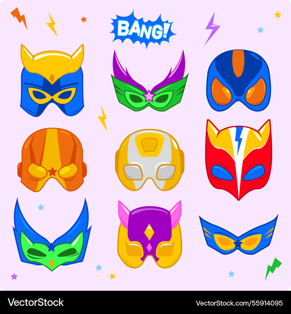 Superhero masks comic book logos sticker set Vector Image