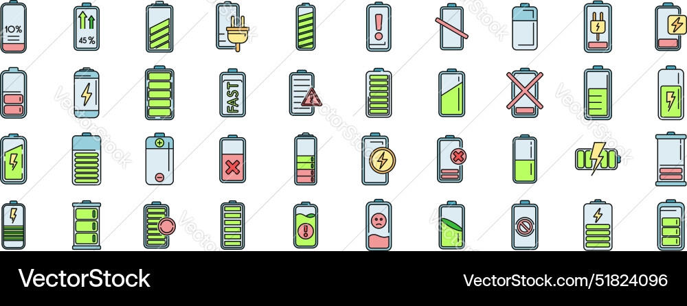 Battery charge icons set color line Royalty Free Vector