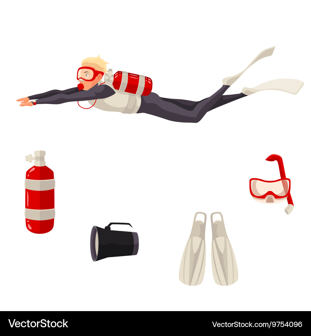 Cartoon scuba diver and diving equipment Vector Image