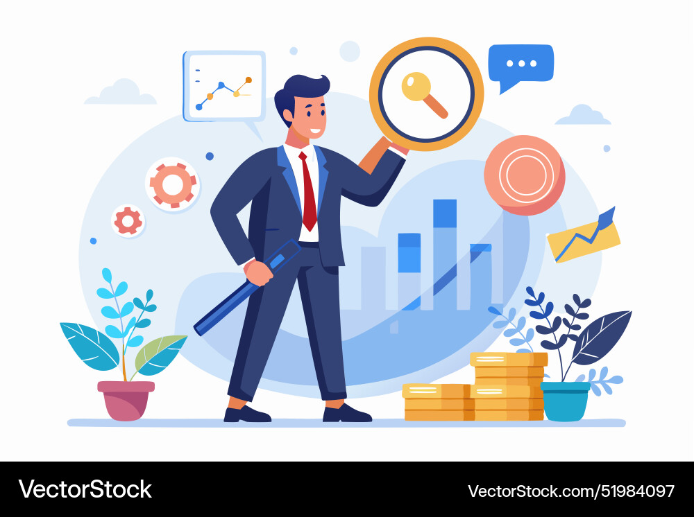 Businessman with magnifying glass analyzing Vector Image