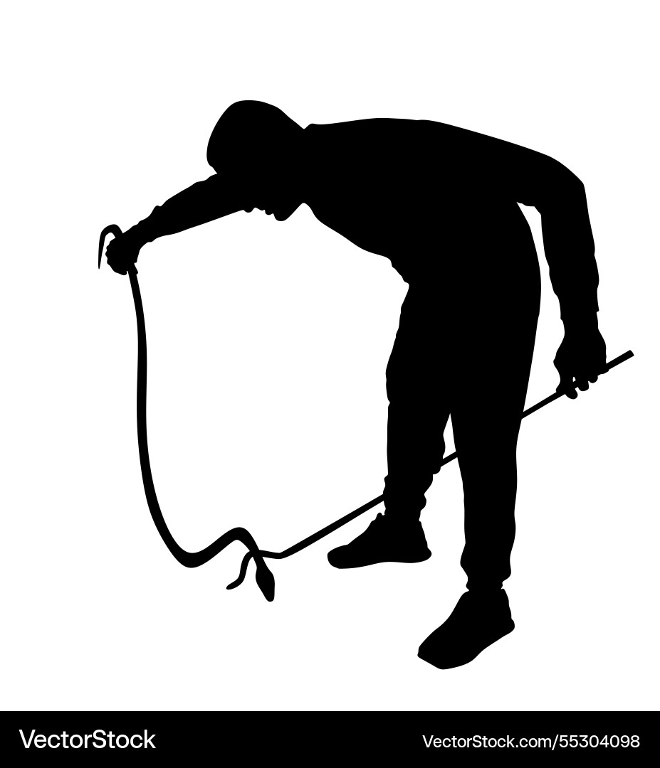 Brave man catching snake with stick silhouette Vector Image