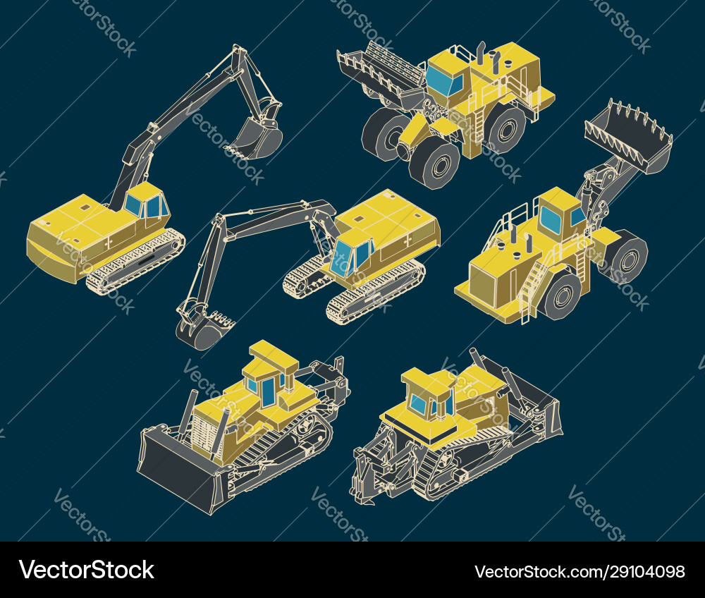 Construction heavy equipment isometric set Vector Image