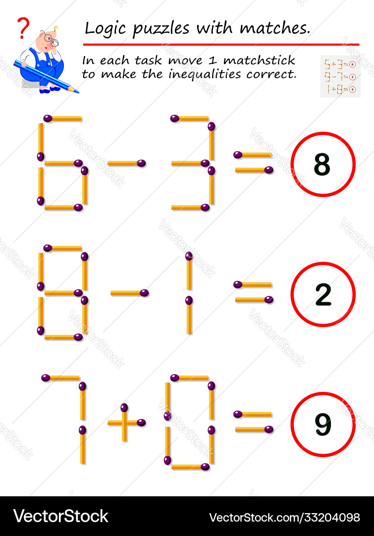Logical puzzle game with matches in each task Vector Image