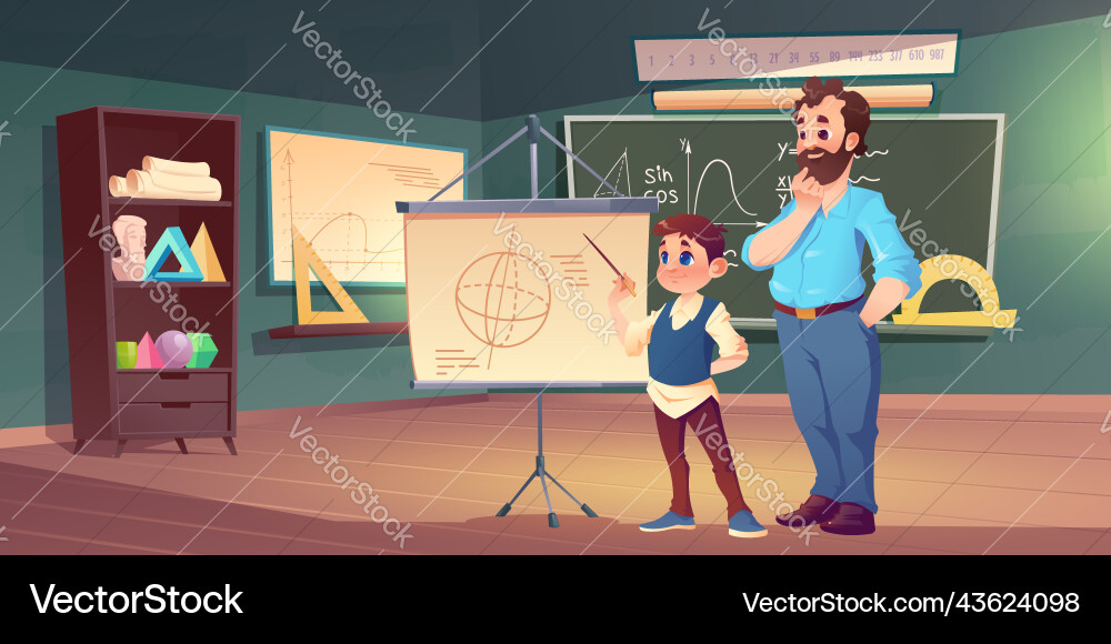 Mathematics class in school with teacher and boy Vector Image