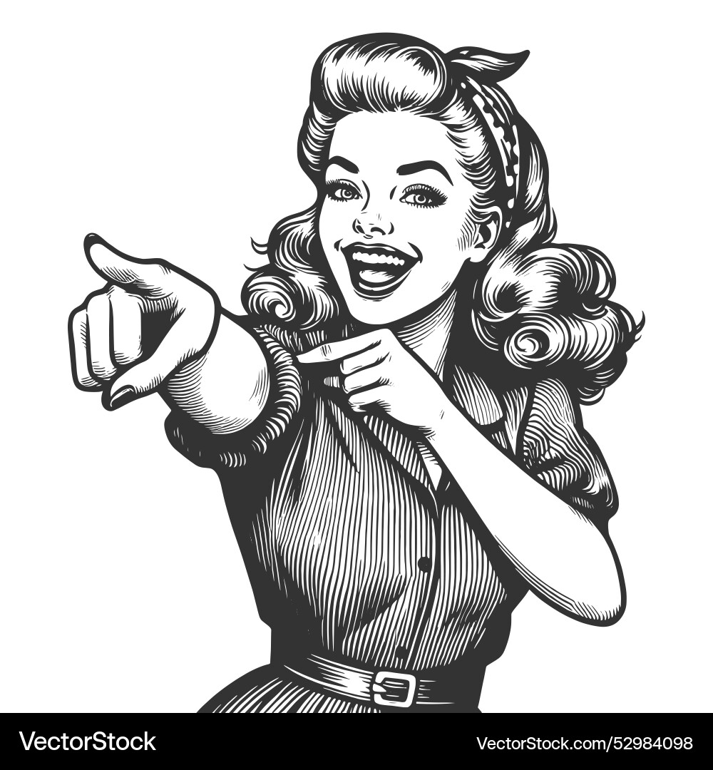 Smiling retro woman pointing finger Royalty Free Vector