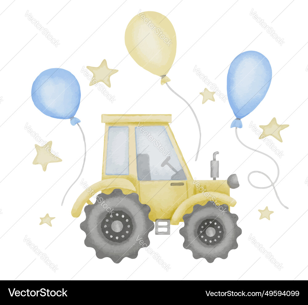 Tractor with balloons watercolor Royalty Free Vector Image