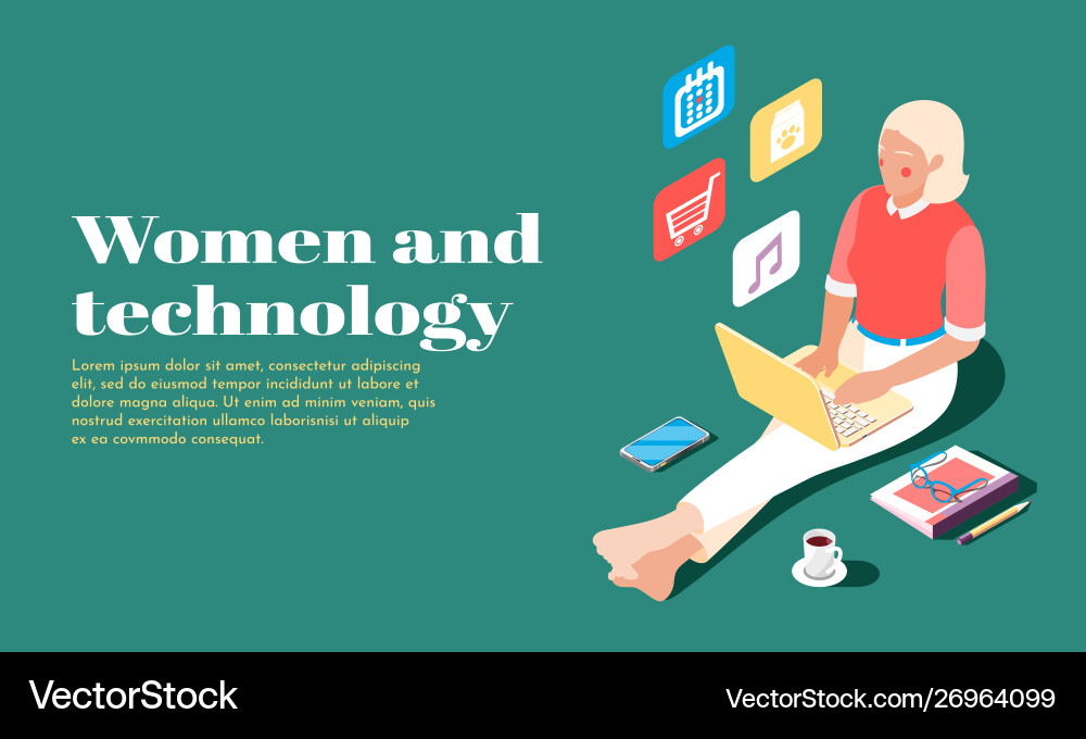 Women and technology isometric banner Royalty Free Vector