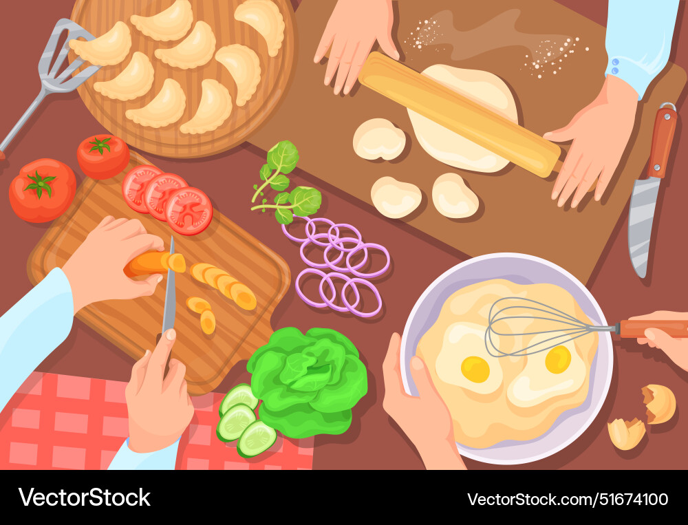 Hands cooking top view kitchen team cook together Vector Image