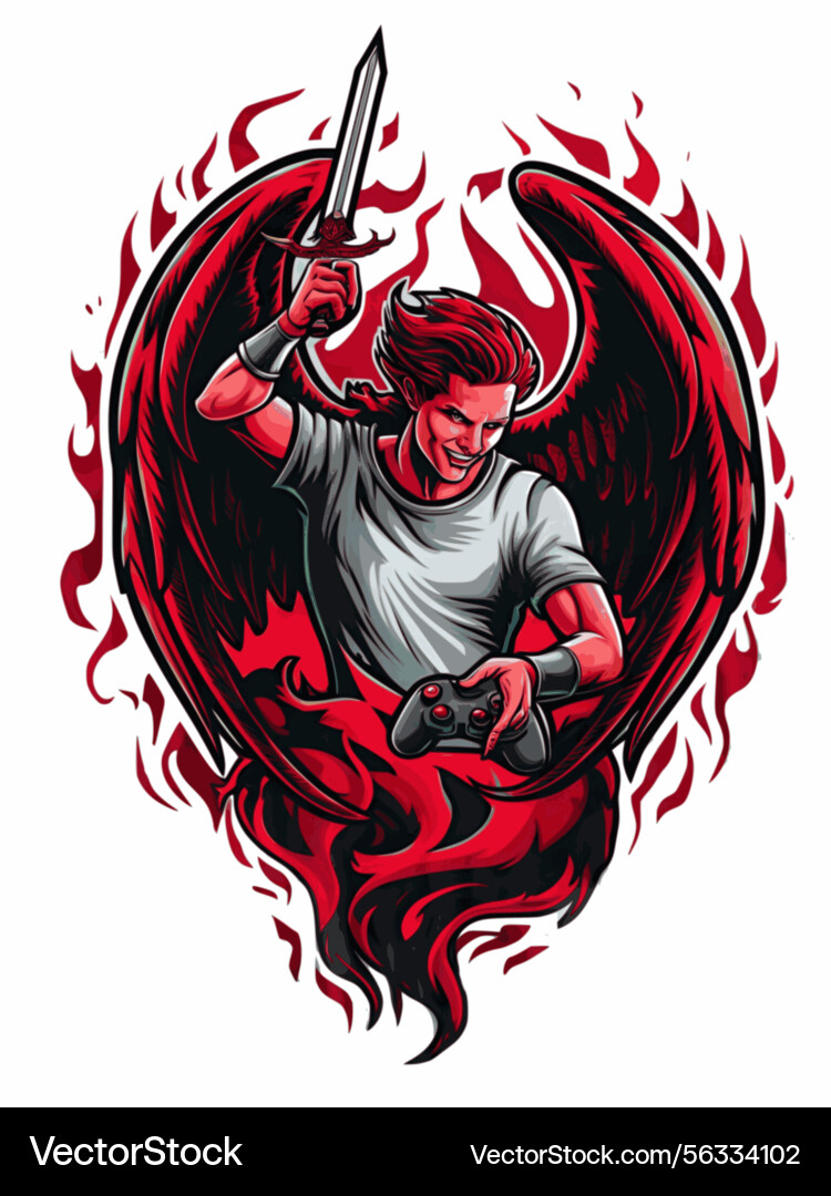 Fiery gamer angel with sword and controller Vector Image