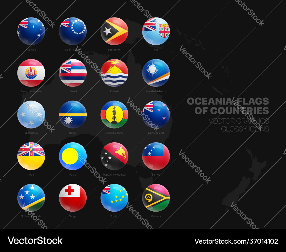 Oceania countries flags 3d glossy icons set Vector Image