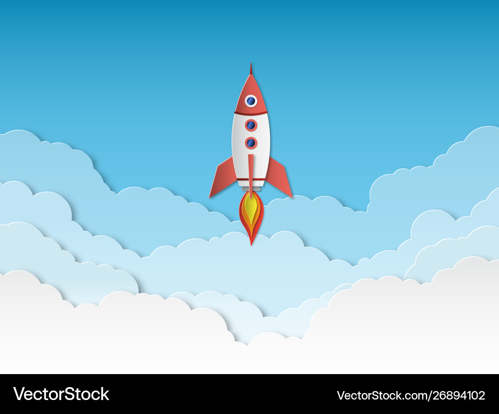 Rocket paper cut rockets launch with clouds Vector Image