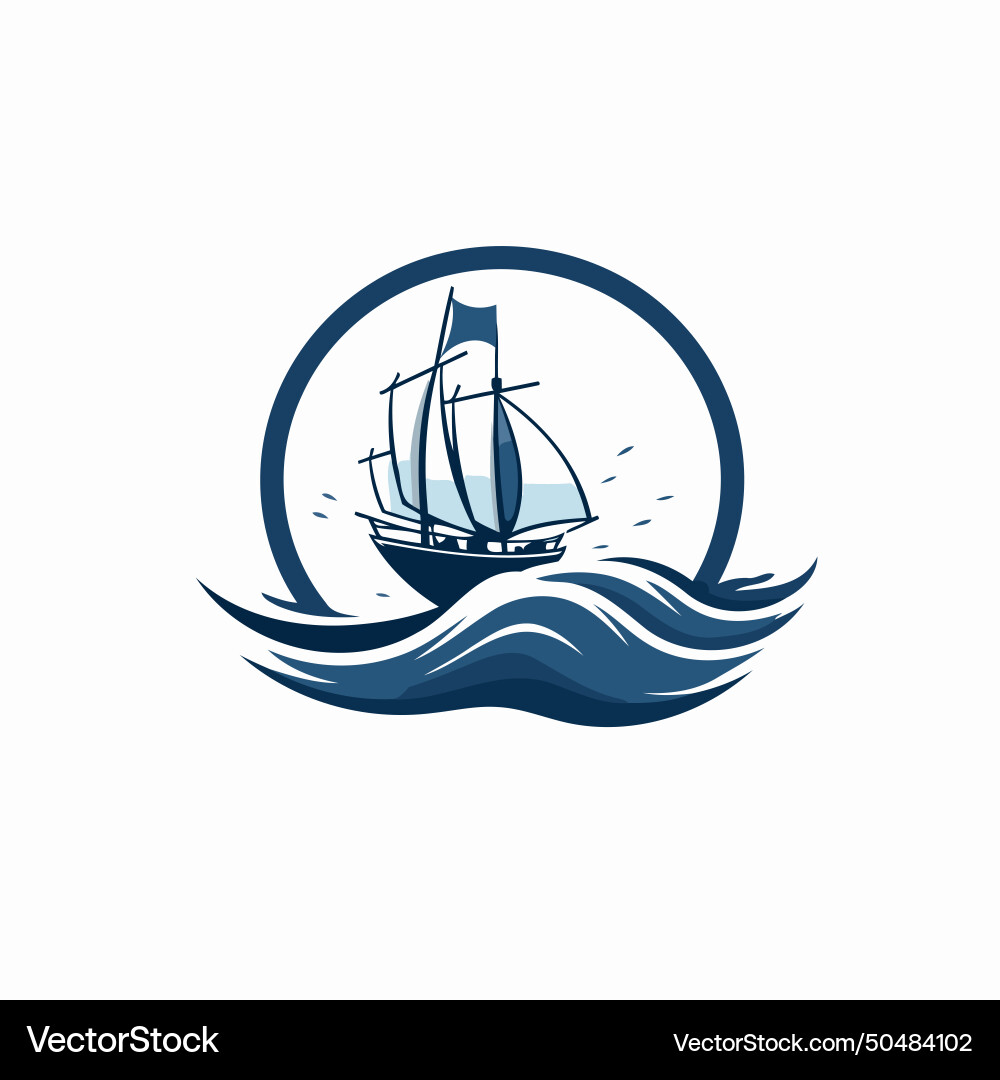 Sailing ship icon on the sea waves background Vector Image