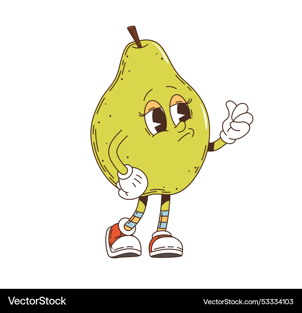 Cartoon groovy pear character in thoughtful pose Vector Image