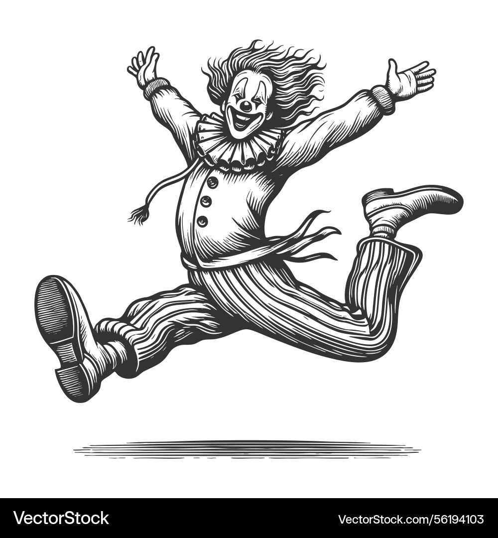 Clown jumping with joy engraving Royalty Free Vector Image