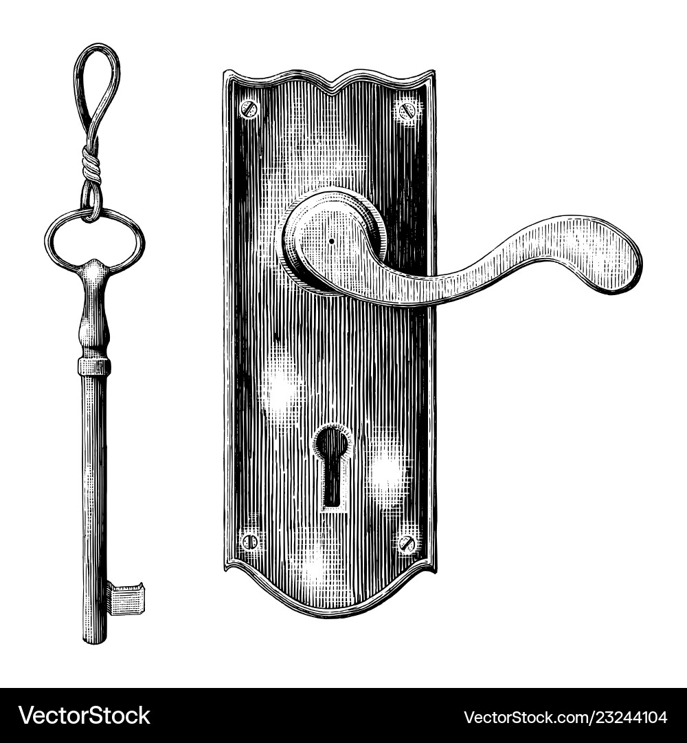 Vintage latch and key hand drawing engraving style