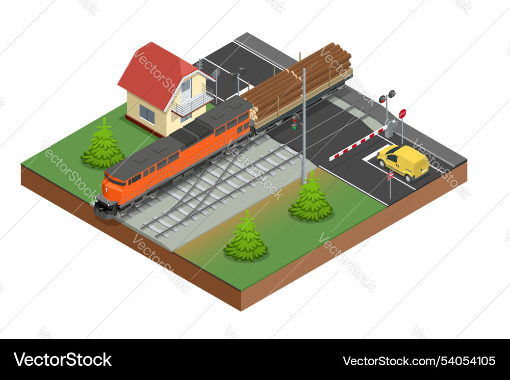 Isometric freight train loaded with pine trunks Vector Image